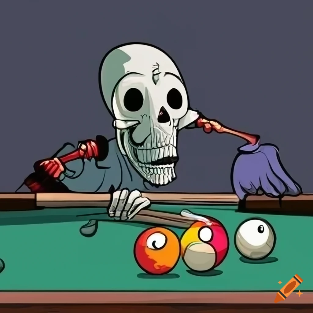 Skeleton playing pool in a 90s cartoon style on Craiyon