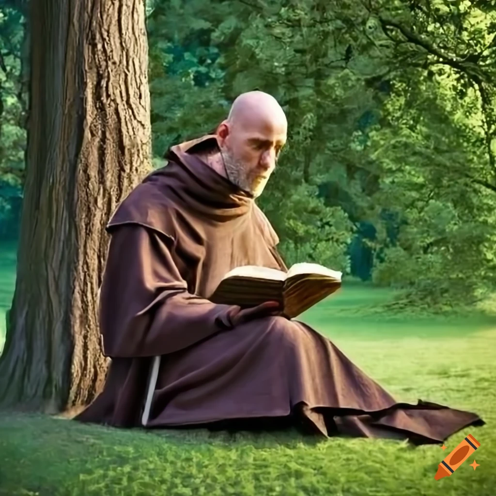 Medieval monk with open book sitting by a tree looking left in shock on ...