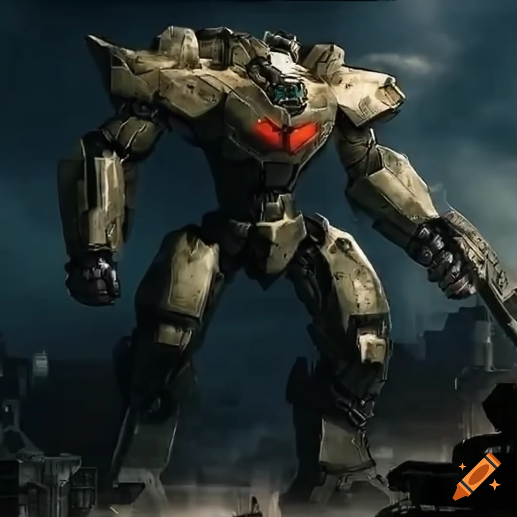 Giant combat mecha in a Pacific Rim-style scene in white color on Craiyon