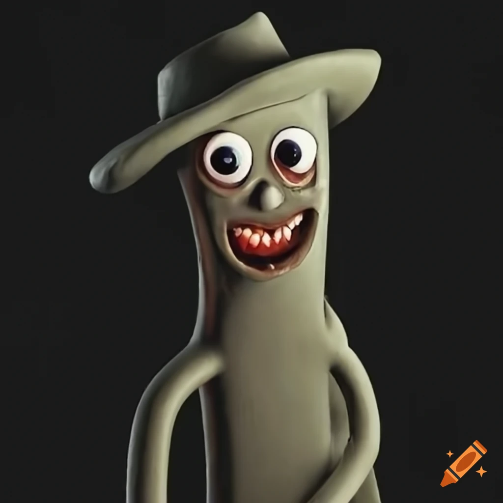Creepy Gumby with a cowboy hat and toy knife in claymation style on Craiyon