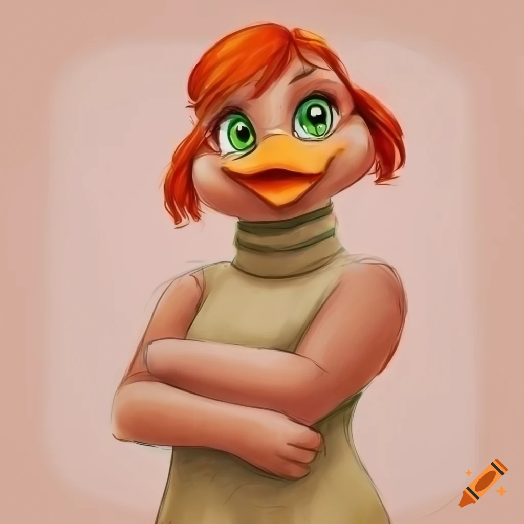 Chubby anthropomorphic duck girl with red hair and green eyes in a tan ...