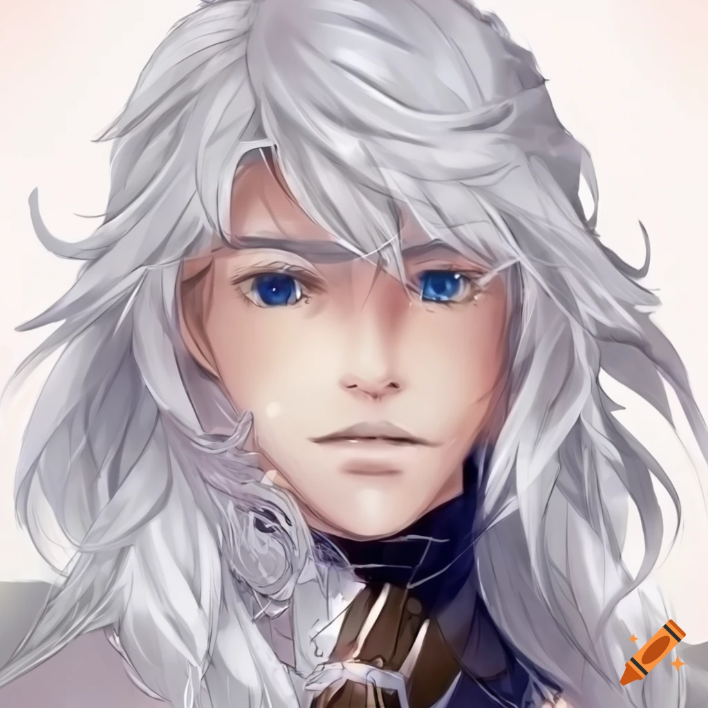 Smart prince with silver hair and a cute little dragon in anime style ...