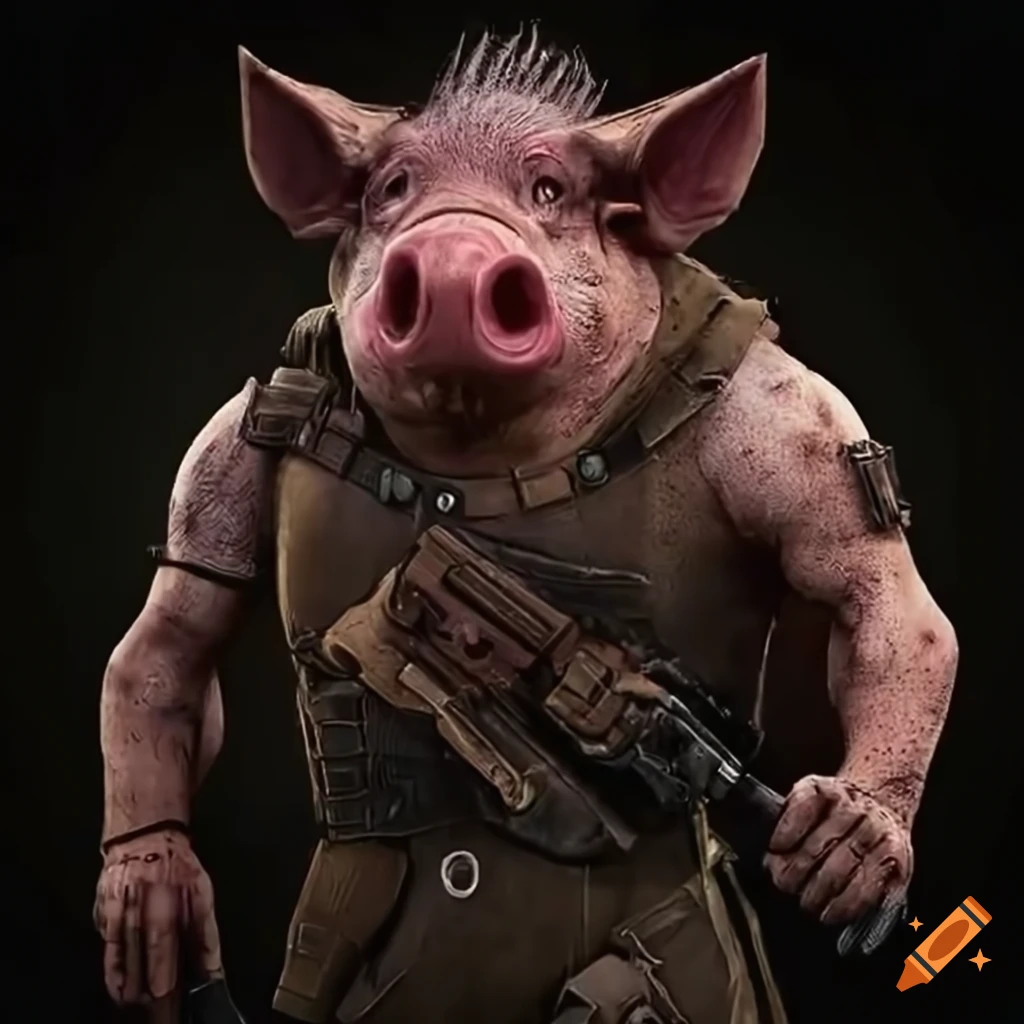 Mutant pig with mohawk in post-apocalyptic setting with body armor and ...