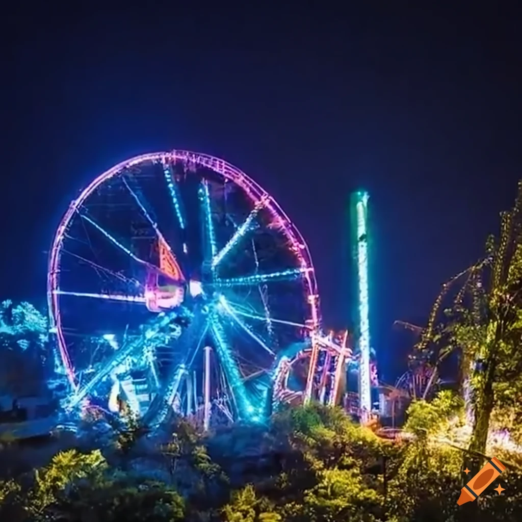 Overgrown amusement park with glowing butterflies and neon lights on Craiyon