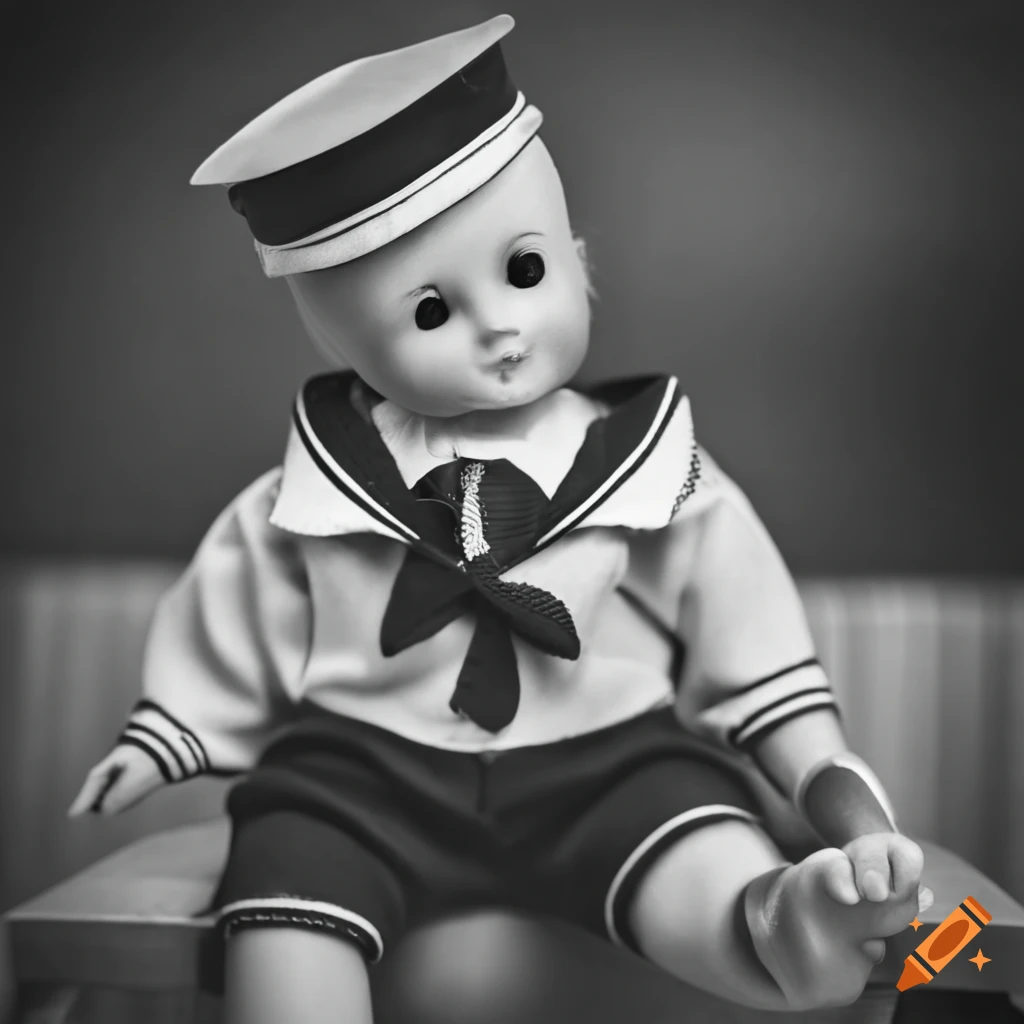 Black and white photo of doll Robert in a sailor suit sitting on a ...