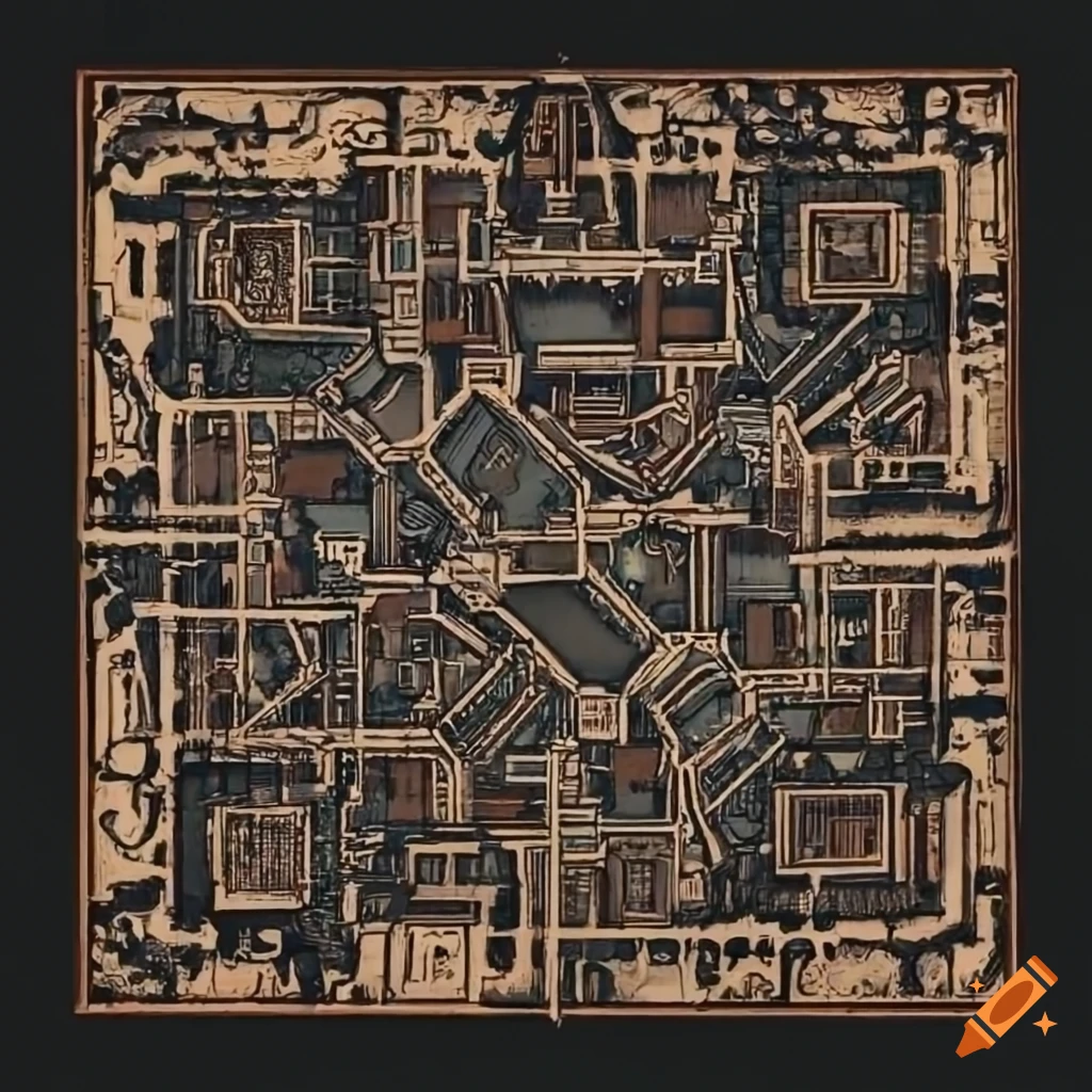 Intricate and detailed 2d city map with a square-like dam on Craiyon