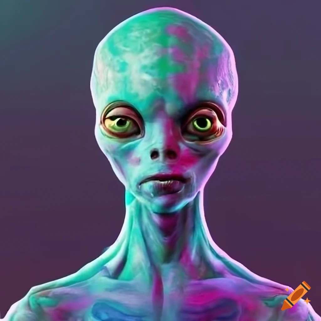 Friendly intelligent alien with light blue skin and purple patterns on ...
