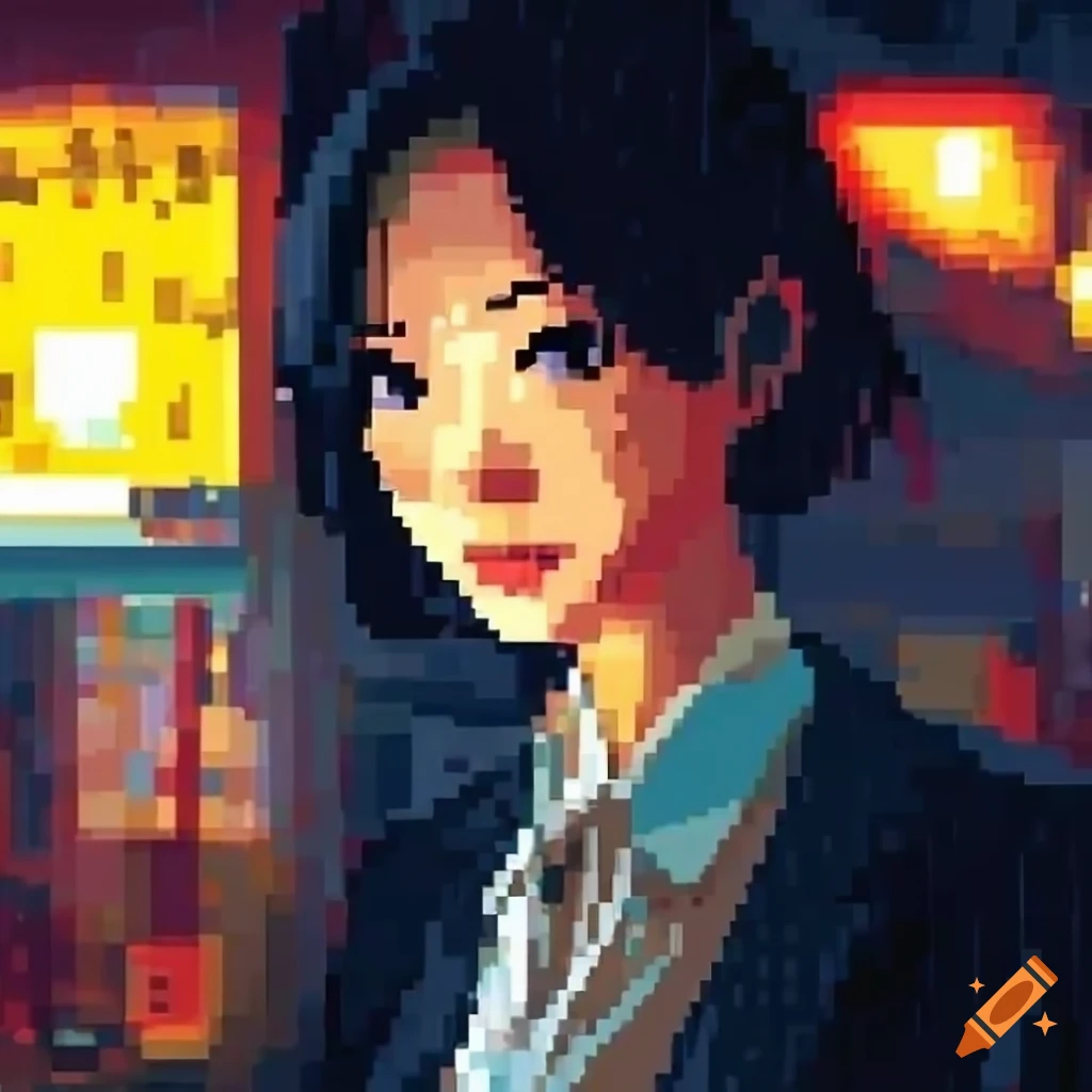 Photorealistic pixel art portrait of an office lady in rainy japanese ...