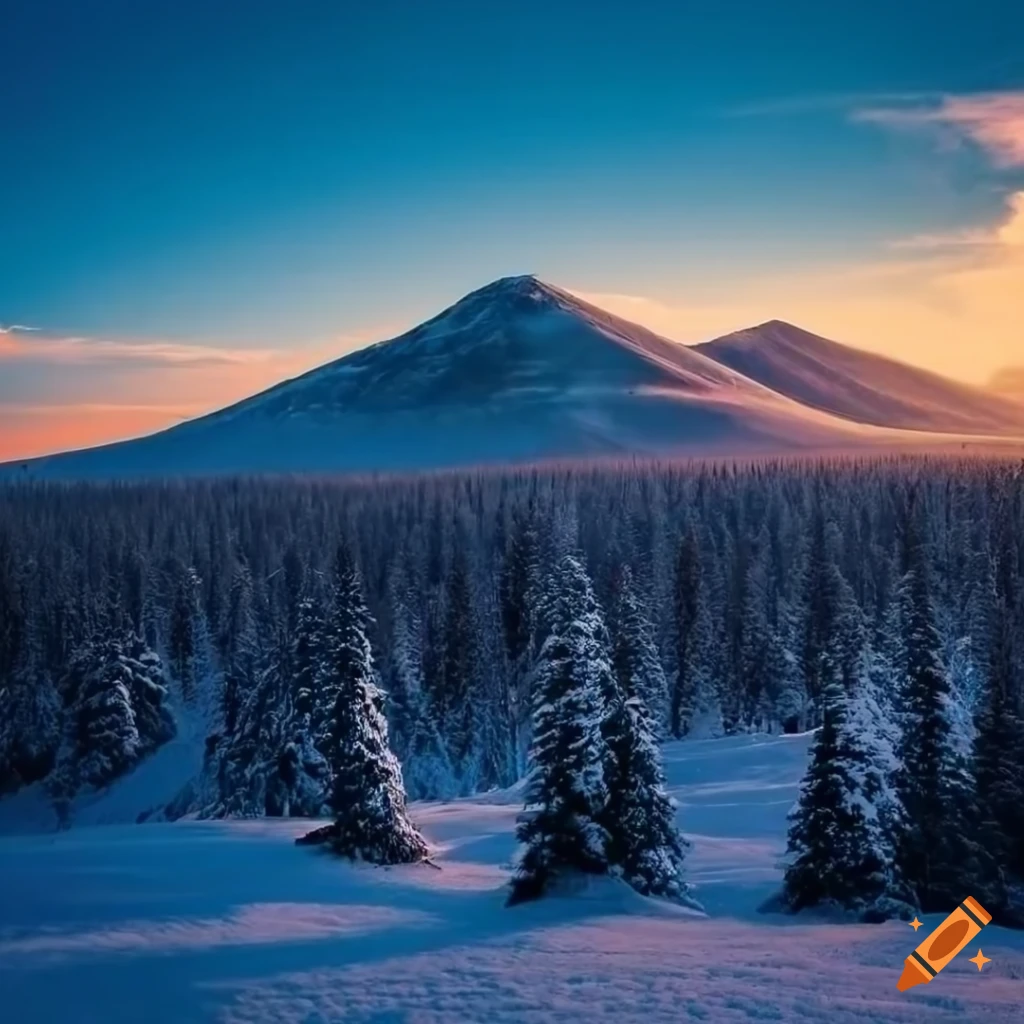 Snowy tundra landscape with pine trees, mountain, and majestic mammoth on Craiyon