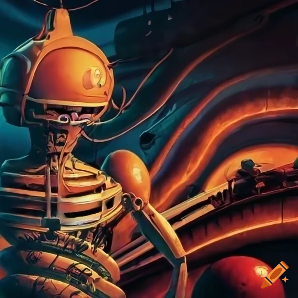 Organic machine art by Akira Toryiama in a 70s sci-fi style on Craiyon