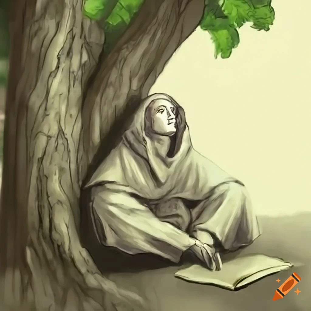 Medieval monk sitting under a tree with an open book on Craiyon