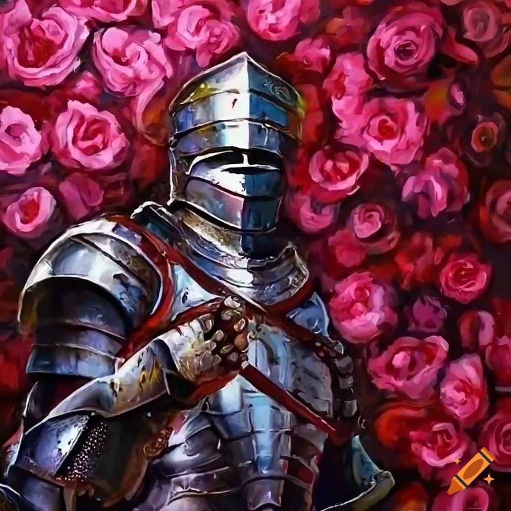 Knight in shiny silver armor in a labyrinth of pink rose bushes ...