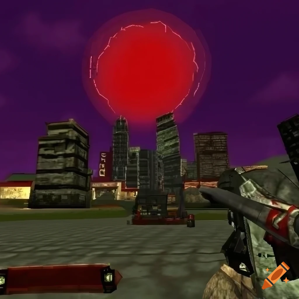 Gmod city during a zombie apocalypse with a red sky at night on Craiyon