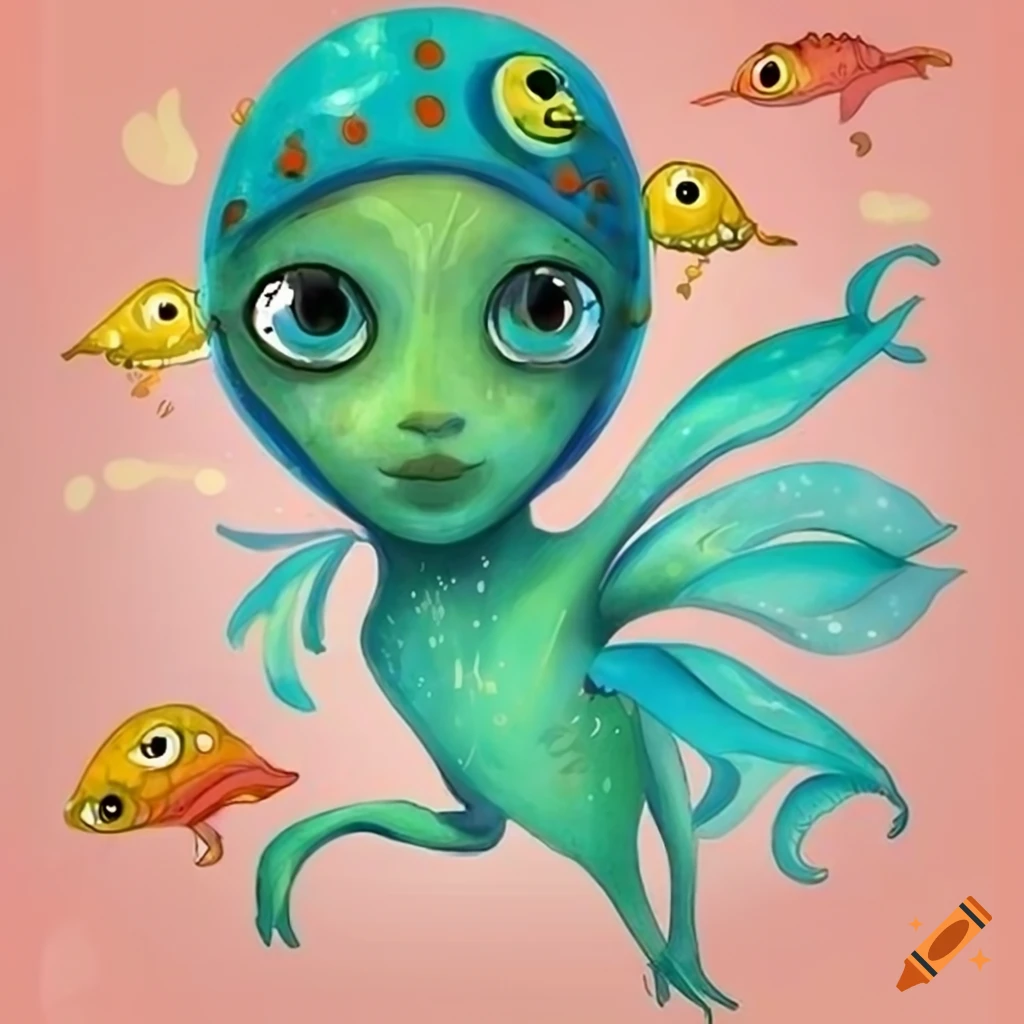 Cute alien fish girl in children's book illustration on Craiyon