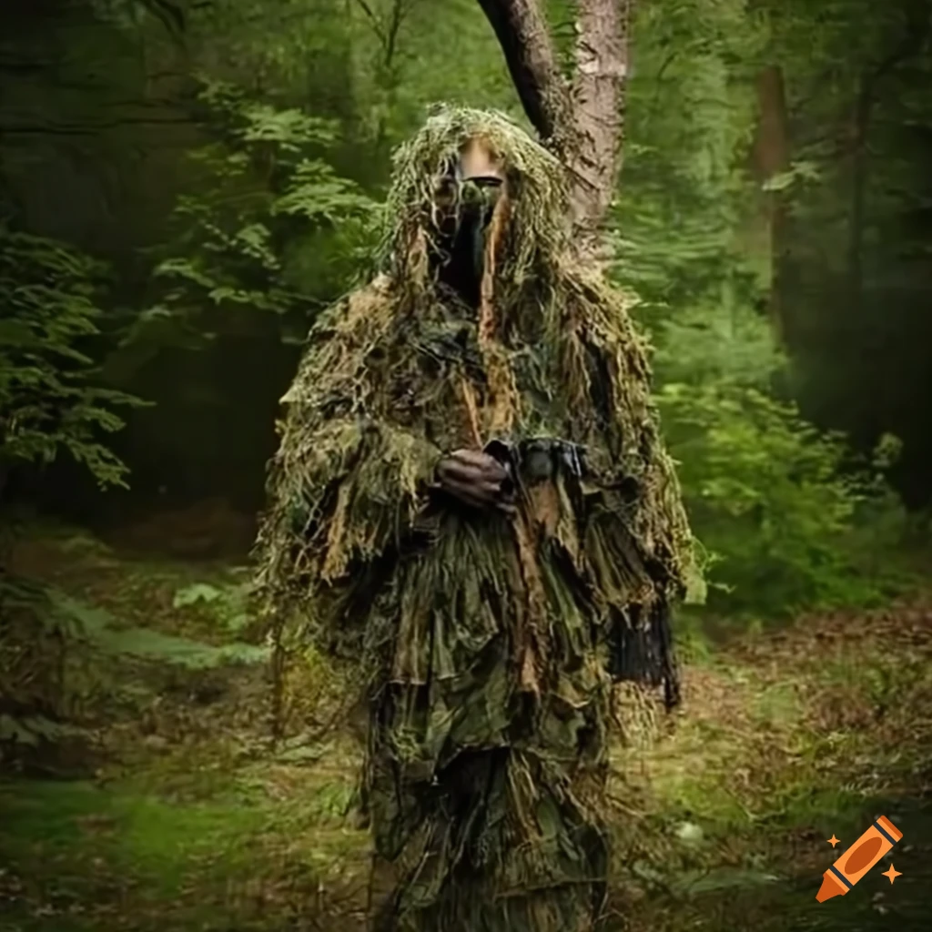 Man in a ghillie suit blending with trees in the woods on Craiyon