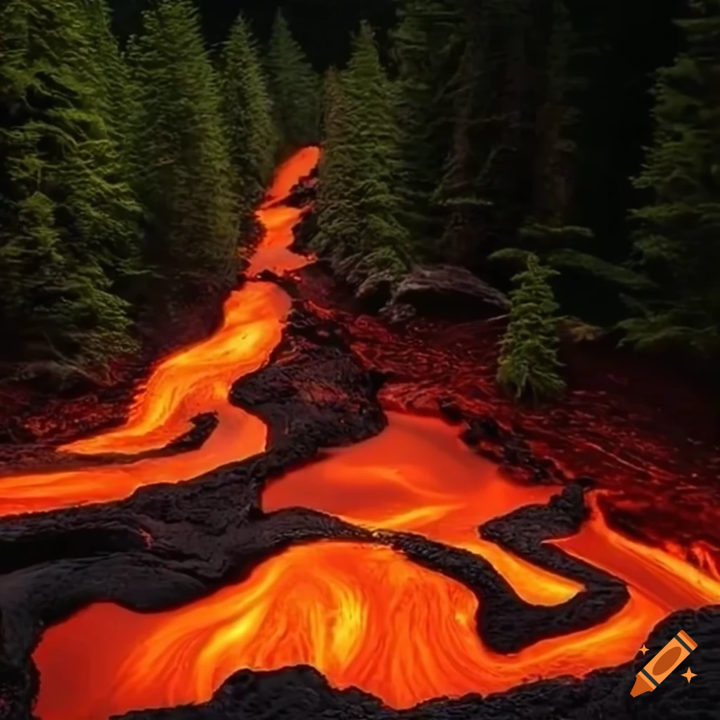 Lava flowing towards a lake with a coniferous forest backdrop on Craiyon