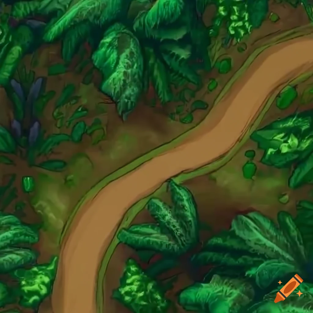 Aerial view of a single dirt road in a jungle in arcade game style on Craiyon