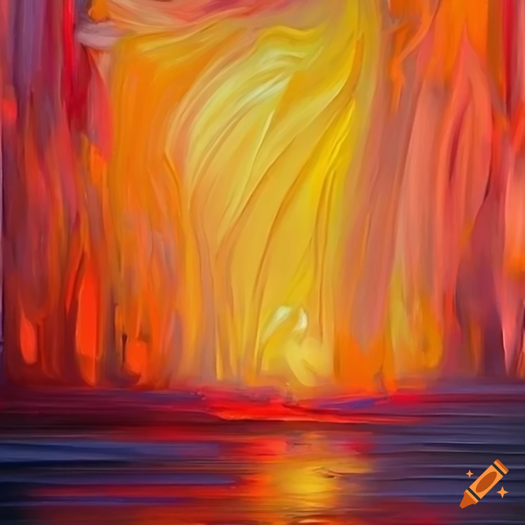 Bold and fiery abstract oil painting of a bursting sunset in amber ...