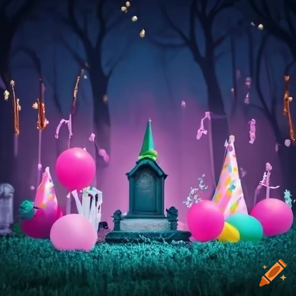 Cemetery with birthday party decorations on Craiyon