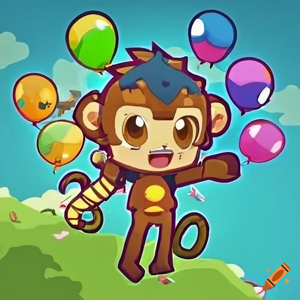 Colorful monkey towers battling balloons in a dynamic jungle setting ...