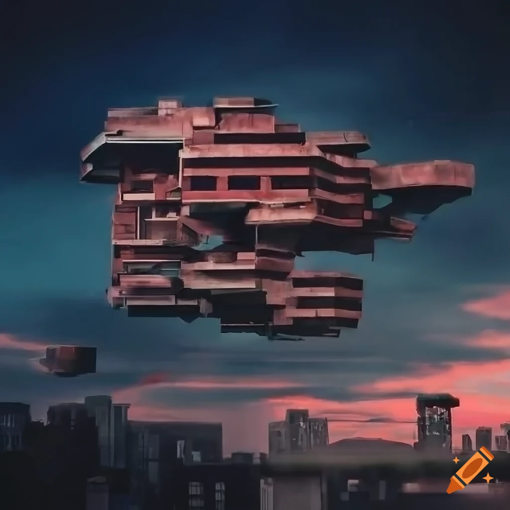 Floating city in a liminal cyberpunk landscape under a reddish orange ...
