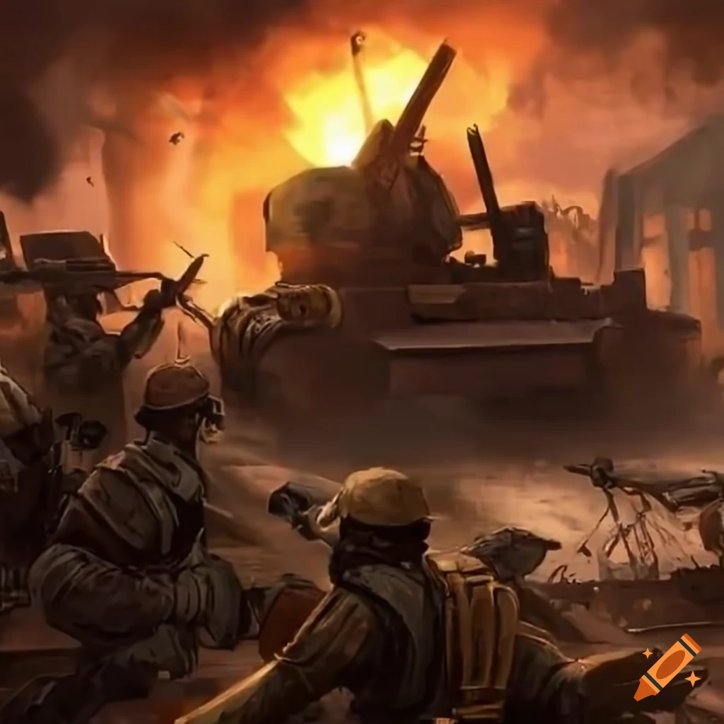 Futuristic war scene with artillery in Pharistonia on Craiyon