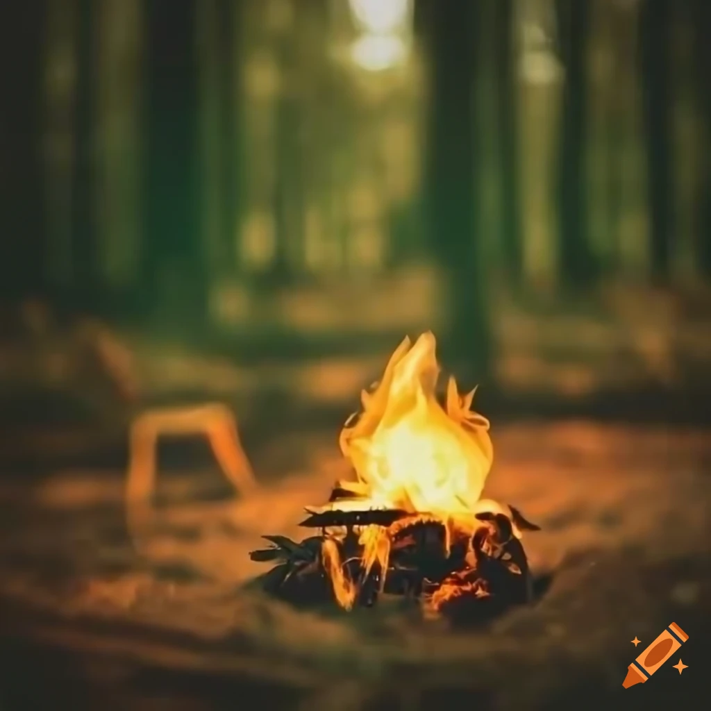 Marijuana crop growing in a forest at sunset near a campfire on Craiyon