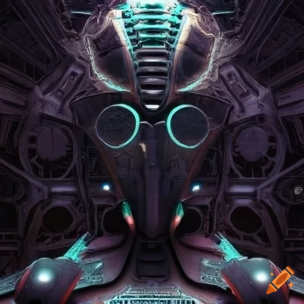 Surrealist aliens inside an asymmetrical organic spaceship with strange machines and light ...