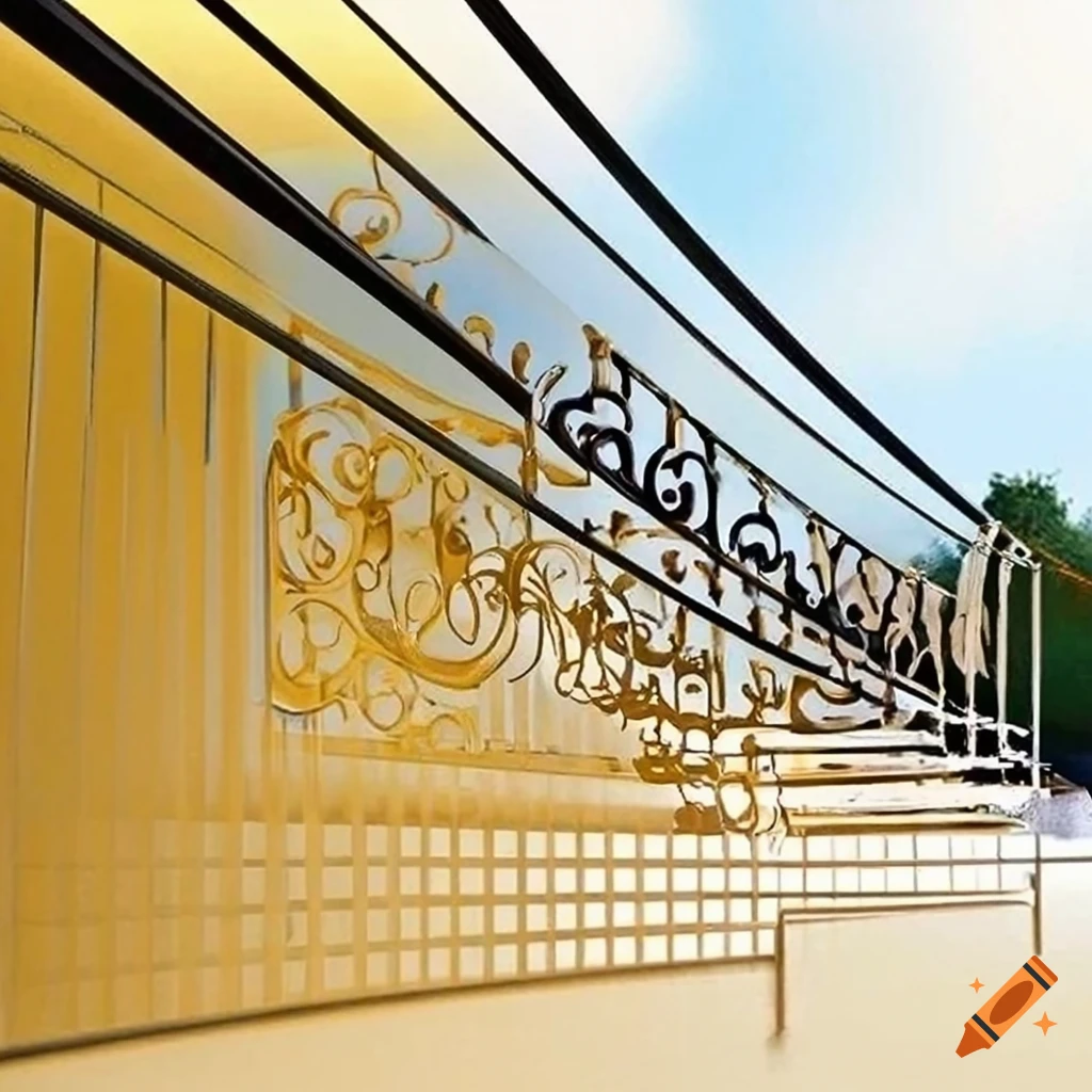 Artistic terrace railing with intricate wrought iron designs in a ...