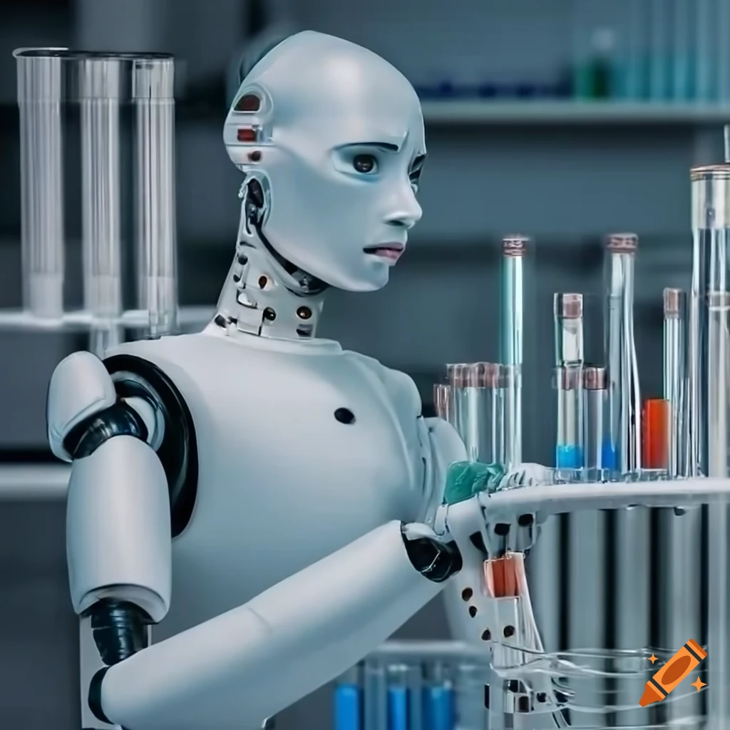 Humanoid robot in a medical lab holding a test tube on Craiyon