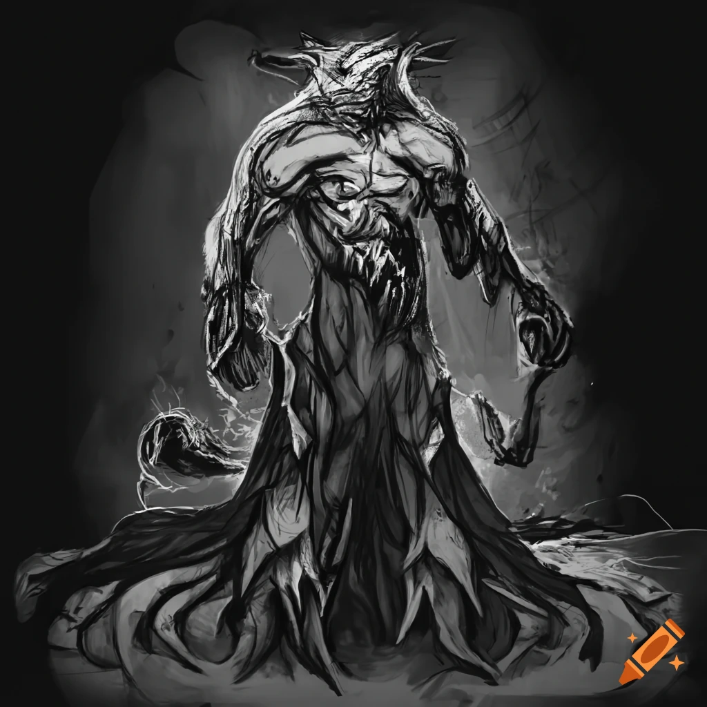 Black-and-white game concept art of Eldric the Shattered, a demon ...