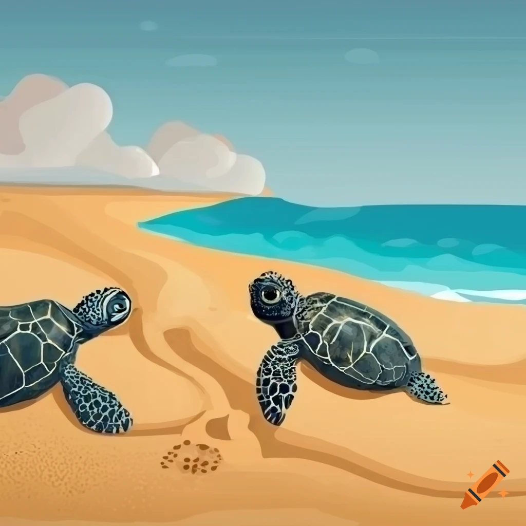 Baby sea turtles crawling on the beach towards the ocean on Craiyon