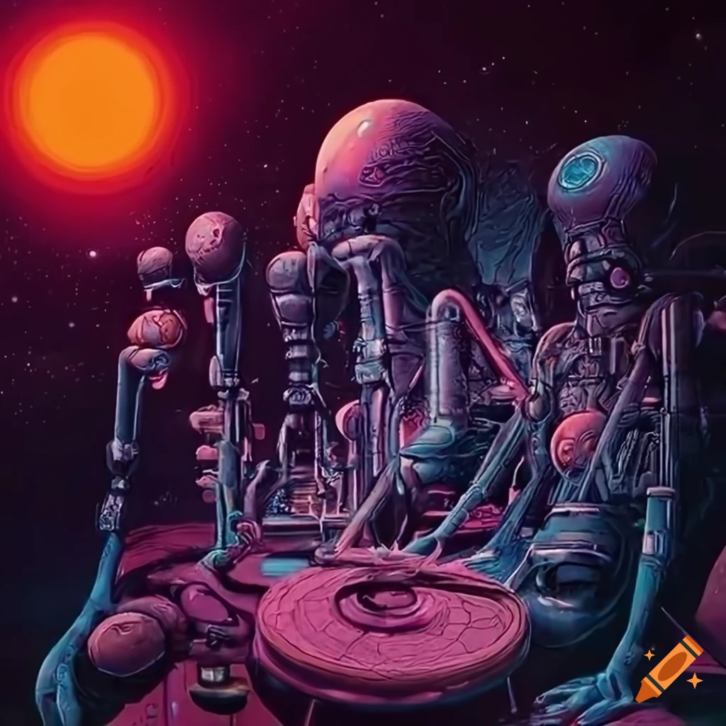 Organic machine art in 70s sci-fi style by Akira Toryiama on Craiyon