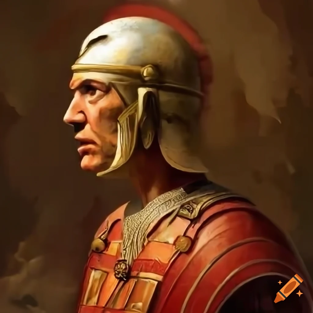 Ancient Roman soldier in front of a temple in a historic painting on ...