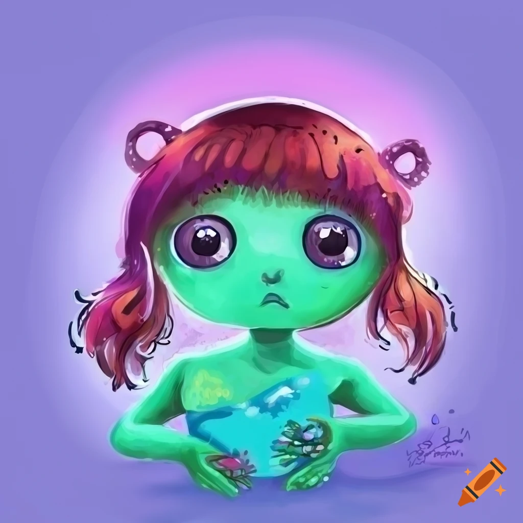 Cute alien fish girl in children's book illustration on Craiyon