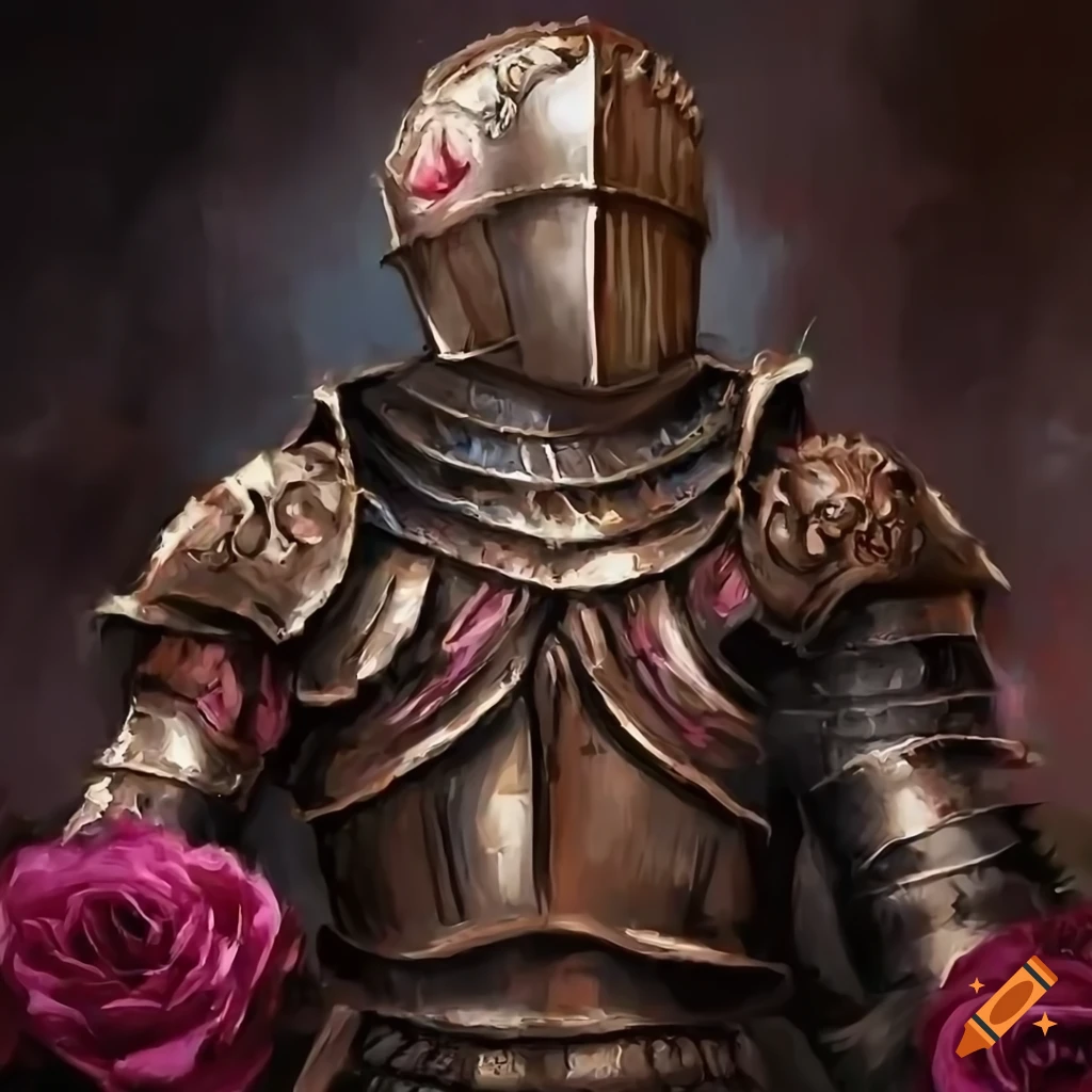 Knight in shiny silver armor in a labyrinth of pink rose bushes ...