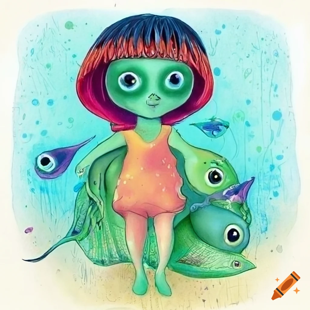 Alien fish girl in children's book illustration on Craiyon