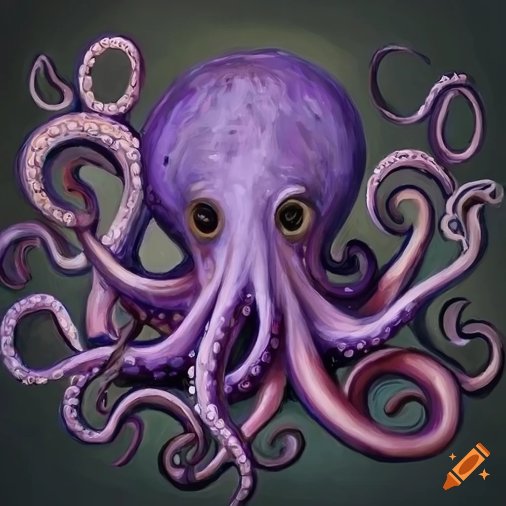 Purple octopus with tentacles tangled in grey curly hair in a painting ...