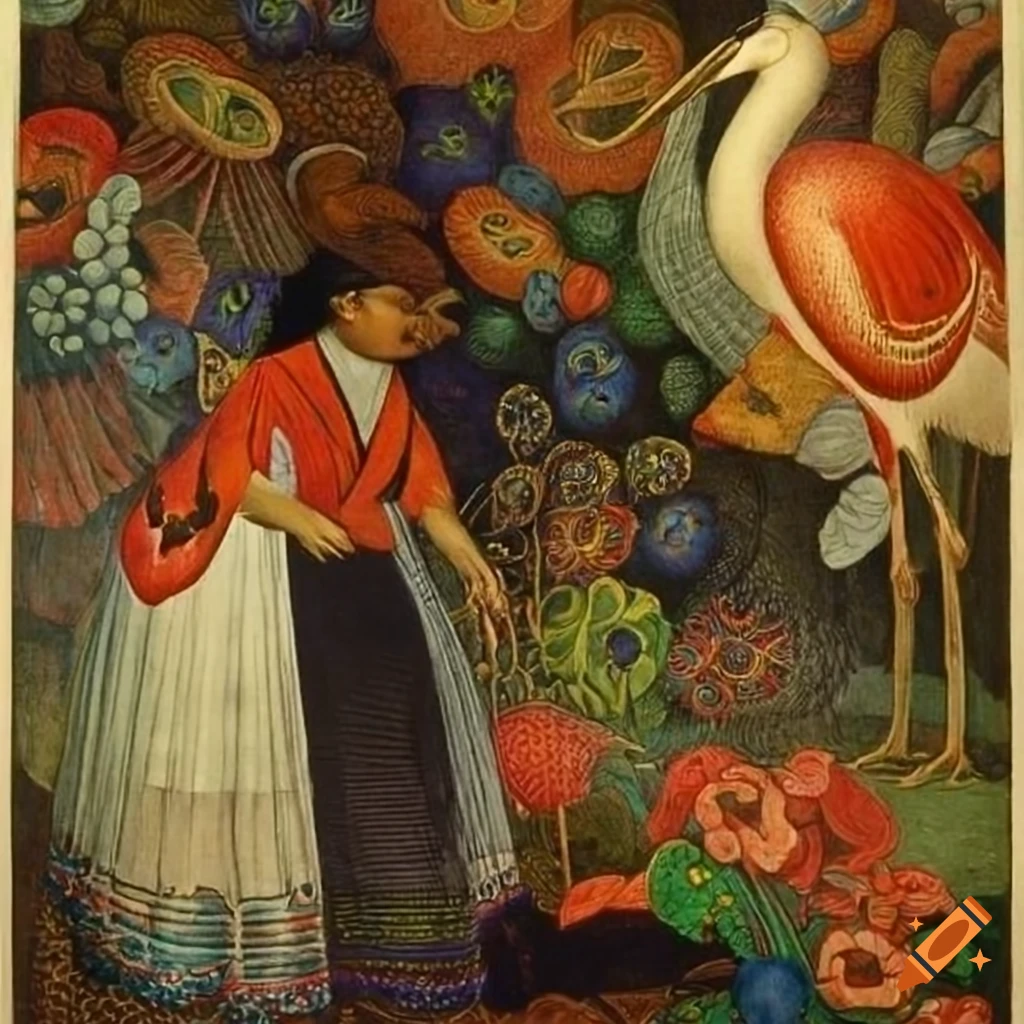 White Crane wearing a Peacock in a unique artistic fusion style on Craiyon