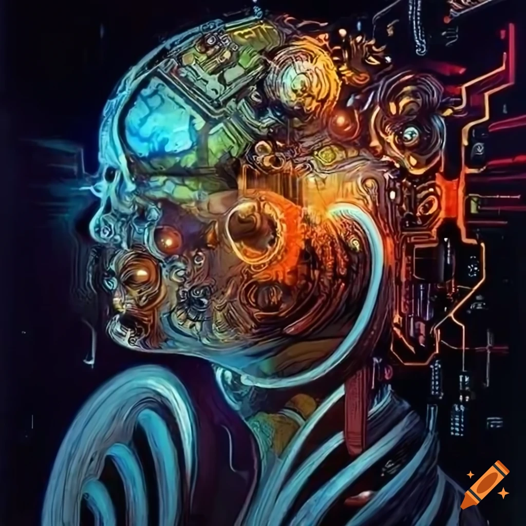 70s sci-fi organic machine art by Akira Toryiama with brain circuit ...