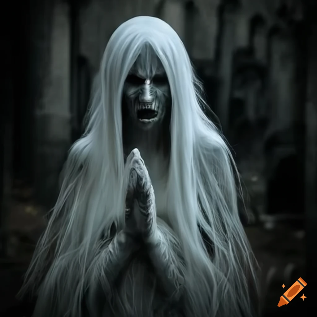 Scary white banshee in a Gothic cemetery on Craiyon