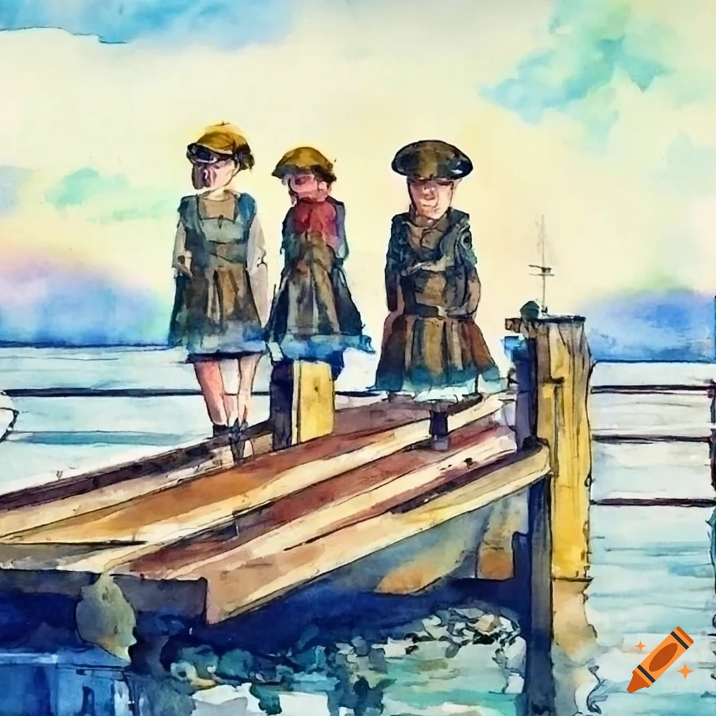 Three girls in marine soldiers clothing and captain hats on a dock by ...