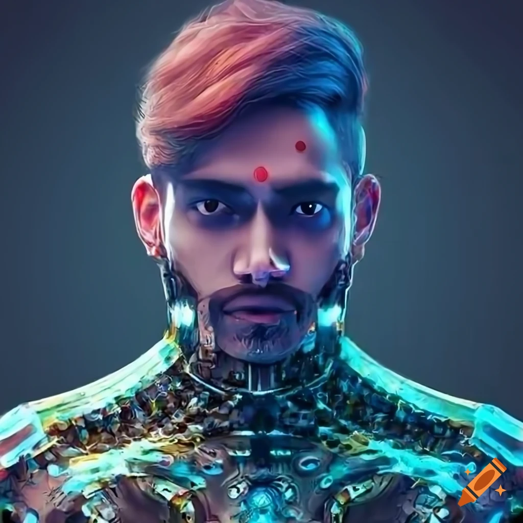 Young indian man in futuristic hindu sci-fi attire with robotic ...