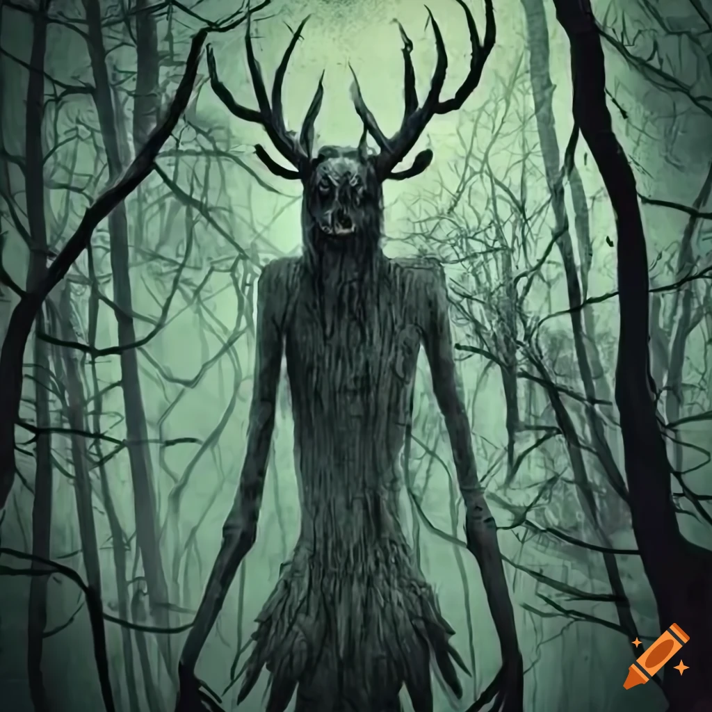 Black wendigo skinwalker peering through forest branches in a dark and ...