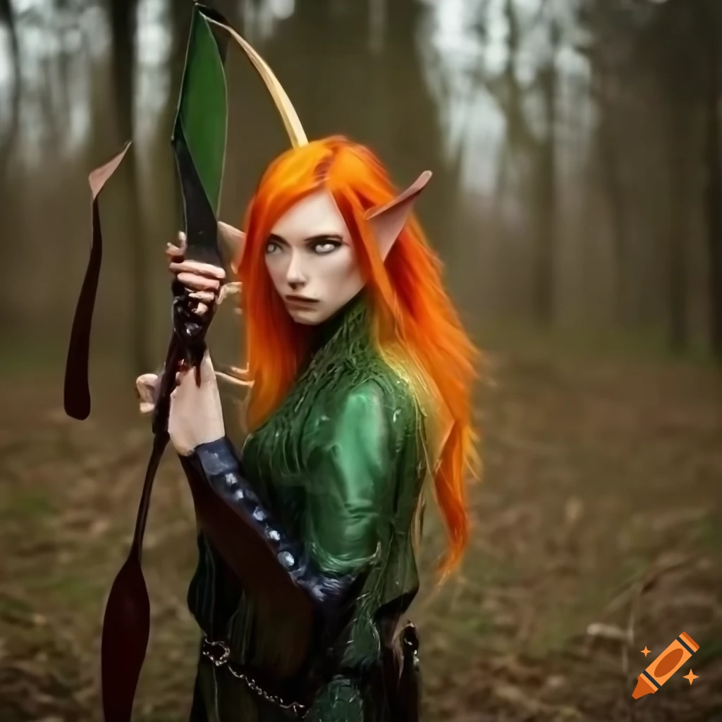 Fey elf with orange ombré hair carrying a bow and dagger in the woods ...