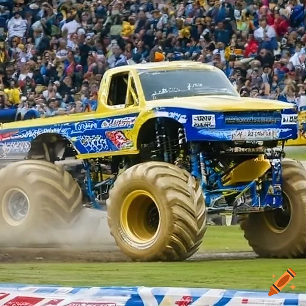 Golden monster truck at the Olympic games captured in raw VHS style on ...