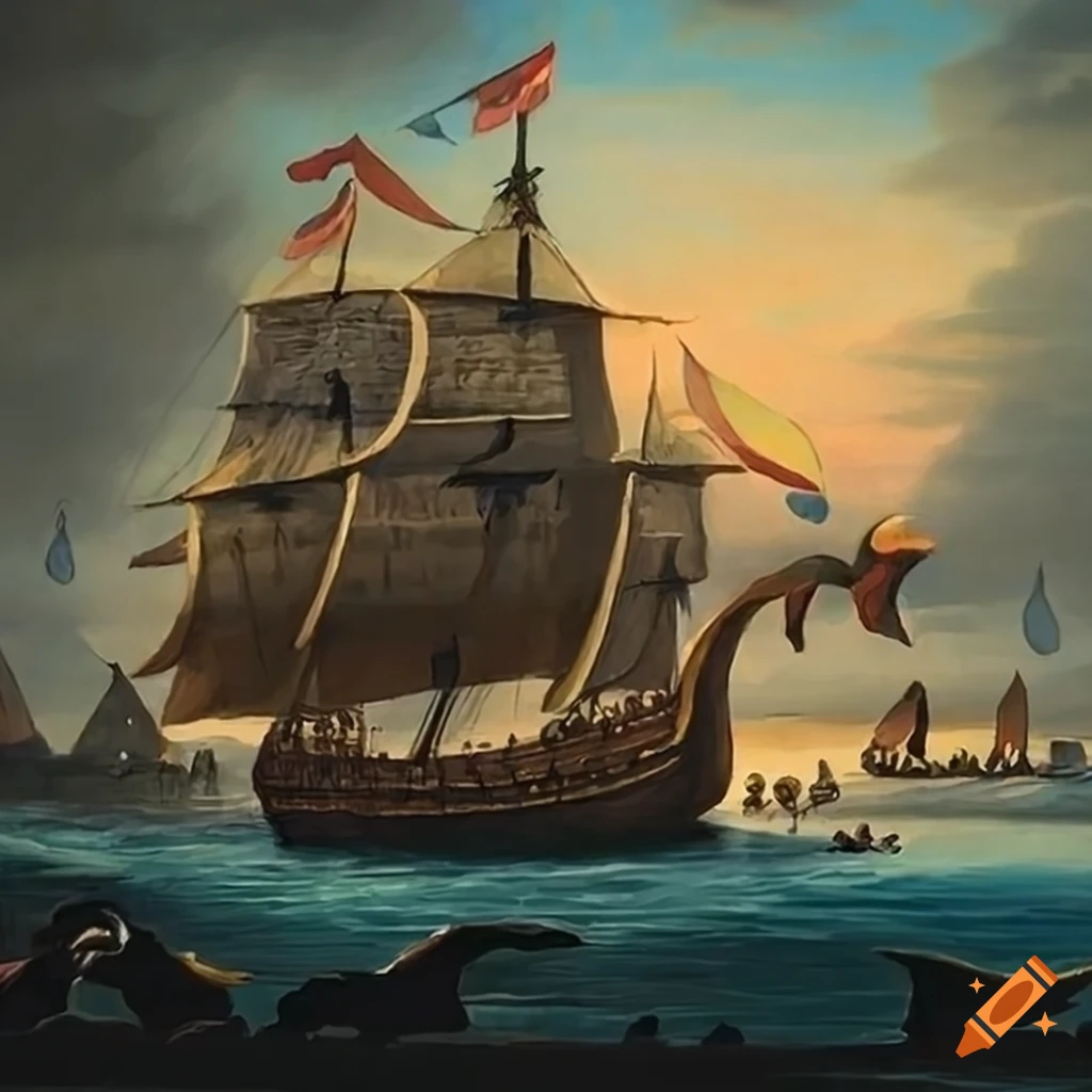 Penguins gathering on a sixteenth century carrack in a historical scene ...