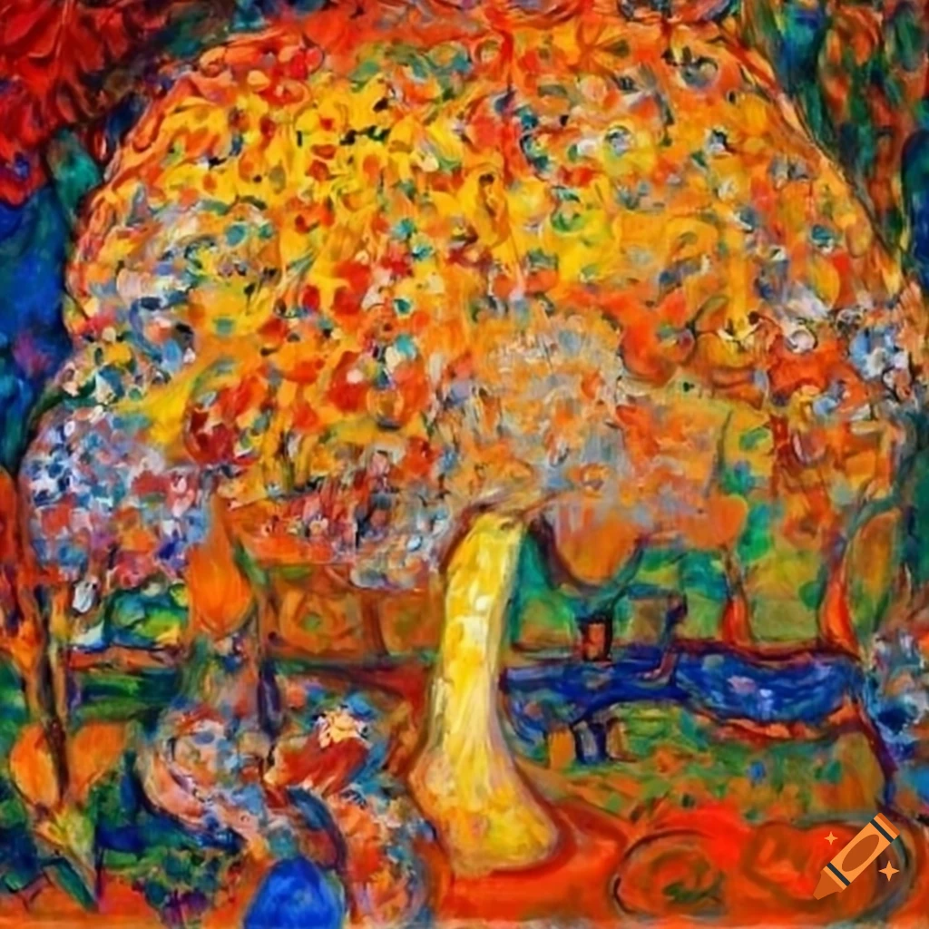 Intricately detailed art nouveau tree with vibrant blooming flowers in picasso, bonnard, and ...