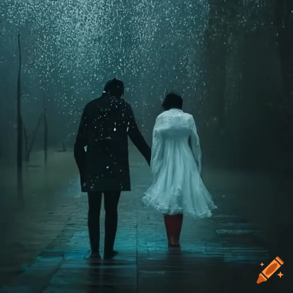 Intimate moment between two lovers under a gentle rainfall on Craiyon