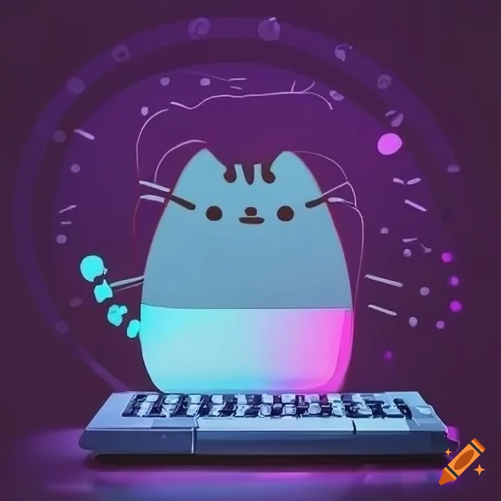 Cybernetic Pusheen typing on a computer in a tech-savvy workspace on ...